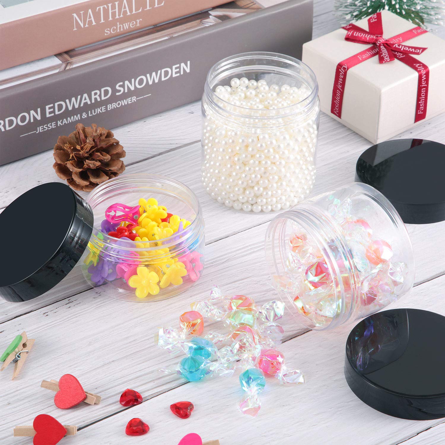 SATINIOR 24 Pieces Empty Clear Plastic Jars with Lids Round Storage Containers Wide-Mouth for Beauty Product Cosmetic Cream Lotion Liquid Butter Craft and Food (Black Lid, 1 oz)
