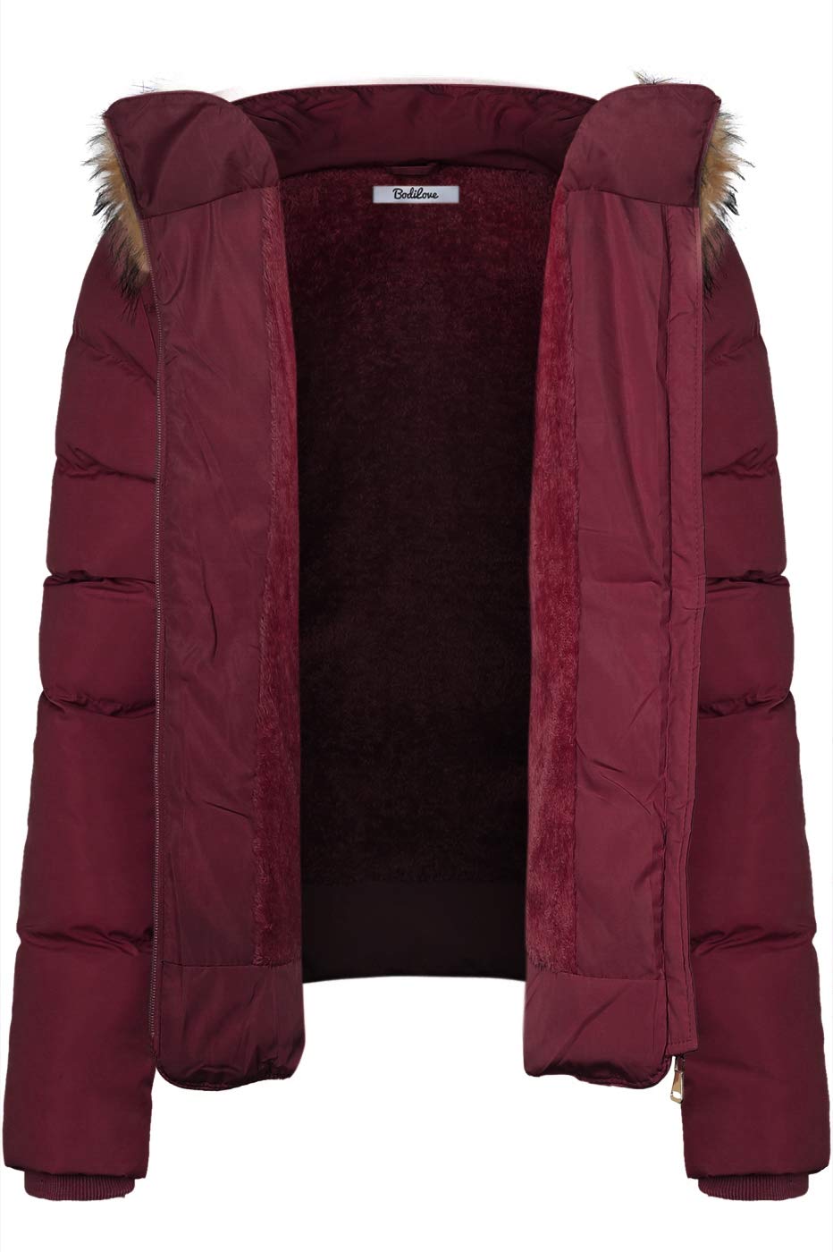 BodiLove Thickened Winter Puffer Jacket with Removable Faux Fur Hood Fleece Lining Burgundy