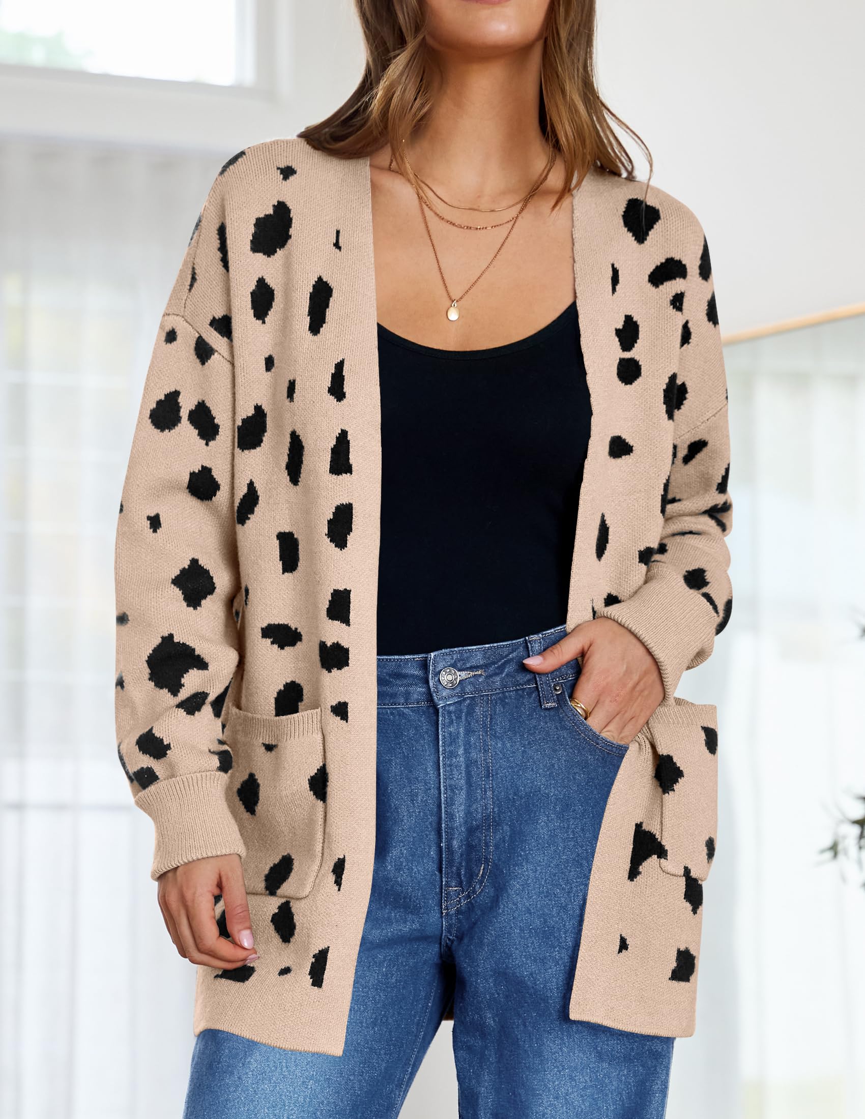 ZESICA Women's Fall Winter Long Sleeves Open Front Leopard Print Knitted Sweater Cardigan Coat Outwear,A Beige,Medium