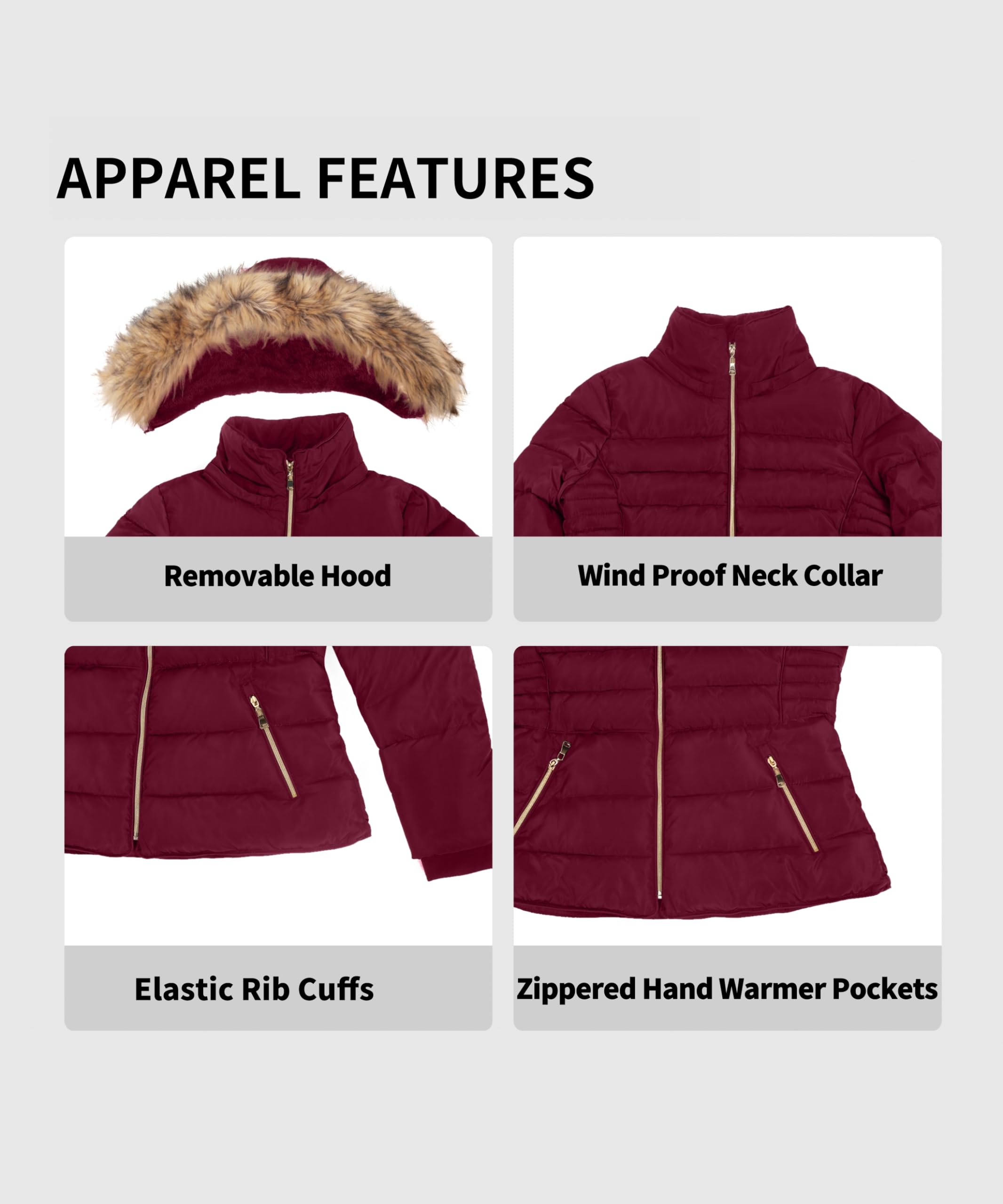 BodiLove Thickened Winter Puffer Jacket with Removable Faux Fur Hood Fleece Lining Burgundy