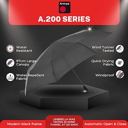 Knirps A.200 Medium Duomatic Automatic Open Close Rain Umbrella - Compact Windproof Umbrella for Rain - Durable Travel Umbrella for Adults - 97cm Diameter Retractable Umbrella & Carrying Case, Grey