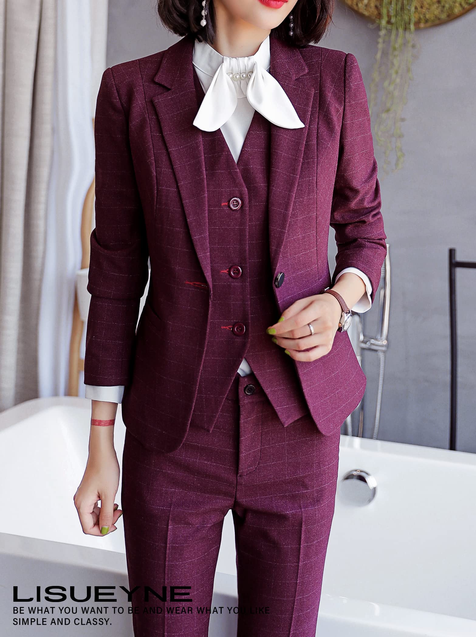 LISUEYNE Women's Three Pieces Office Lady Stripe Blazer Business Suit Set Women Suits Work Skirt/Pant,Vest Jacket