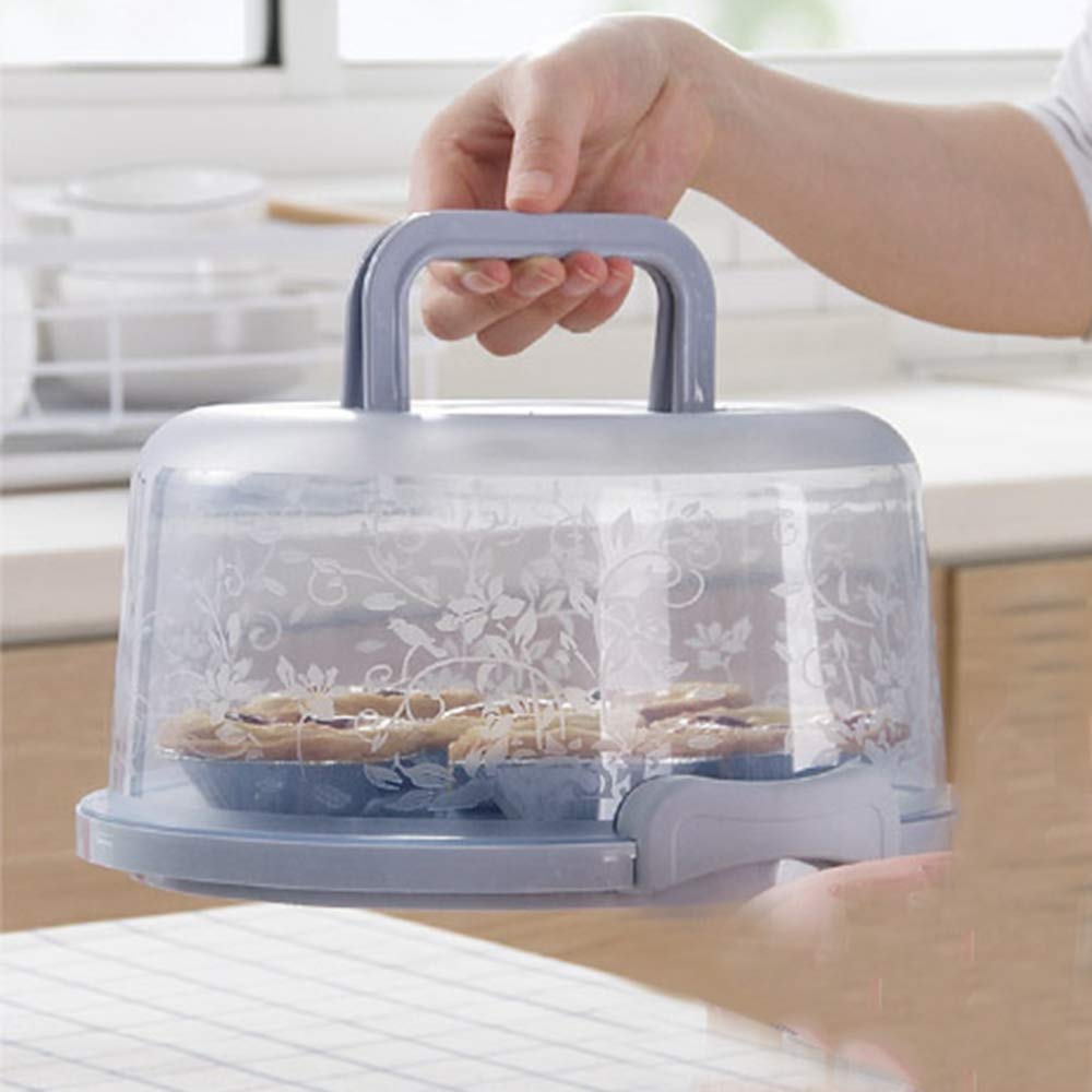 Plastic Small Cake Carrier Holder with Collapsible Handle Cover Round Cupcake Container Suitable for 6 inch Diameter Cake or less(Blue)