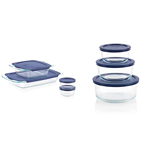 Pyrex Easy Grab 8-Piece Glass Baking Dish Set, 13x9-Inch, 8x8-Inch & 1-Cup & Simply Store 6-Pc Glass Food Storage Container Set, 7-Cup, 4-Cup, & 2-Cup Round Glass Storage Containers