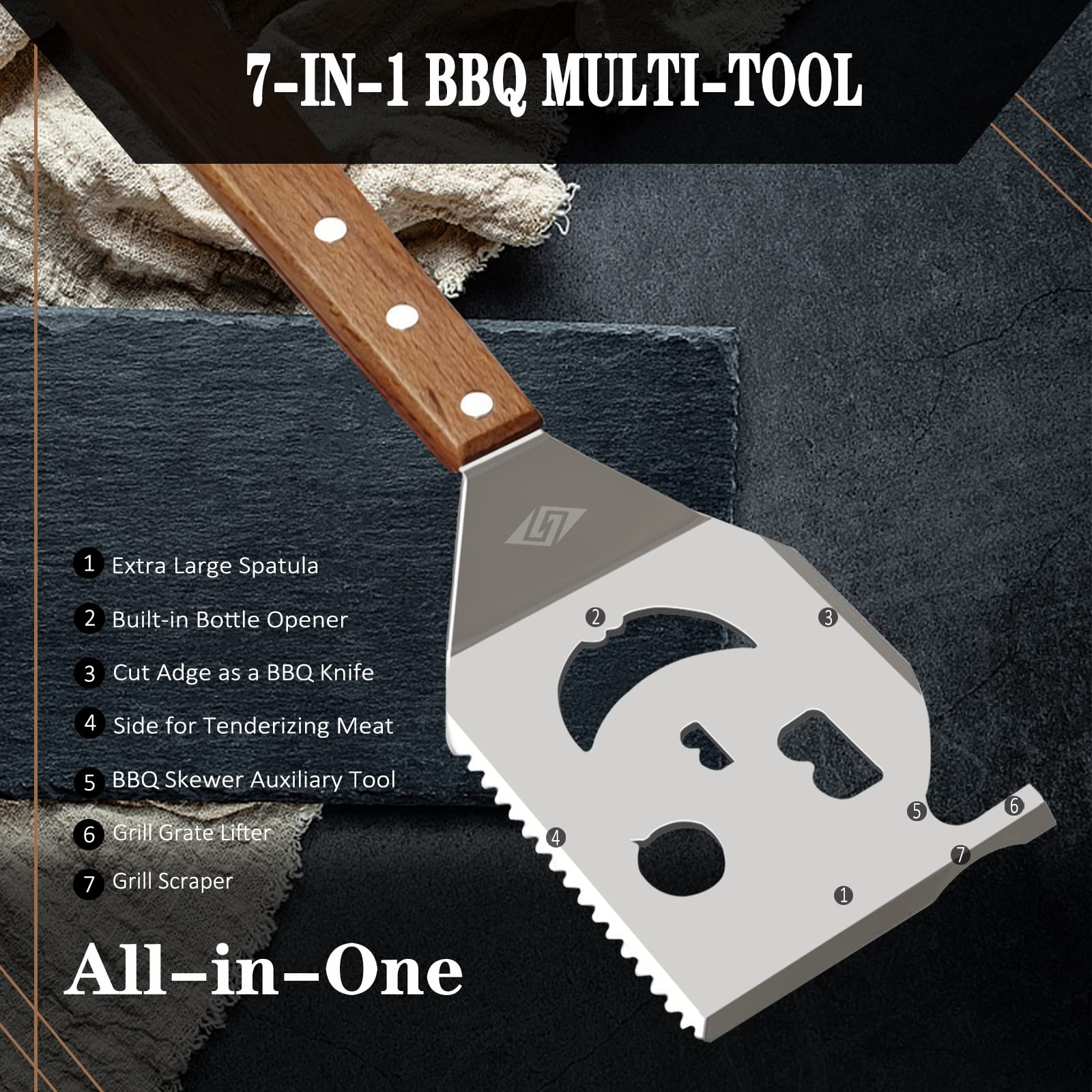 BBQ Tool Set-7 in 1 Spatula with 4 pcs Stainless Steel Corn Cob Holders for BBQ, Multifunctional BBQ Accessories Set, Grill Tools Set with Wooden Handle, BBQ Gifts for Men