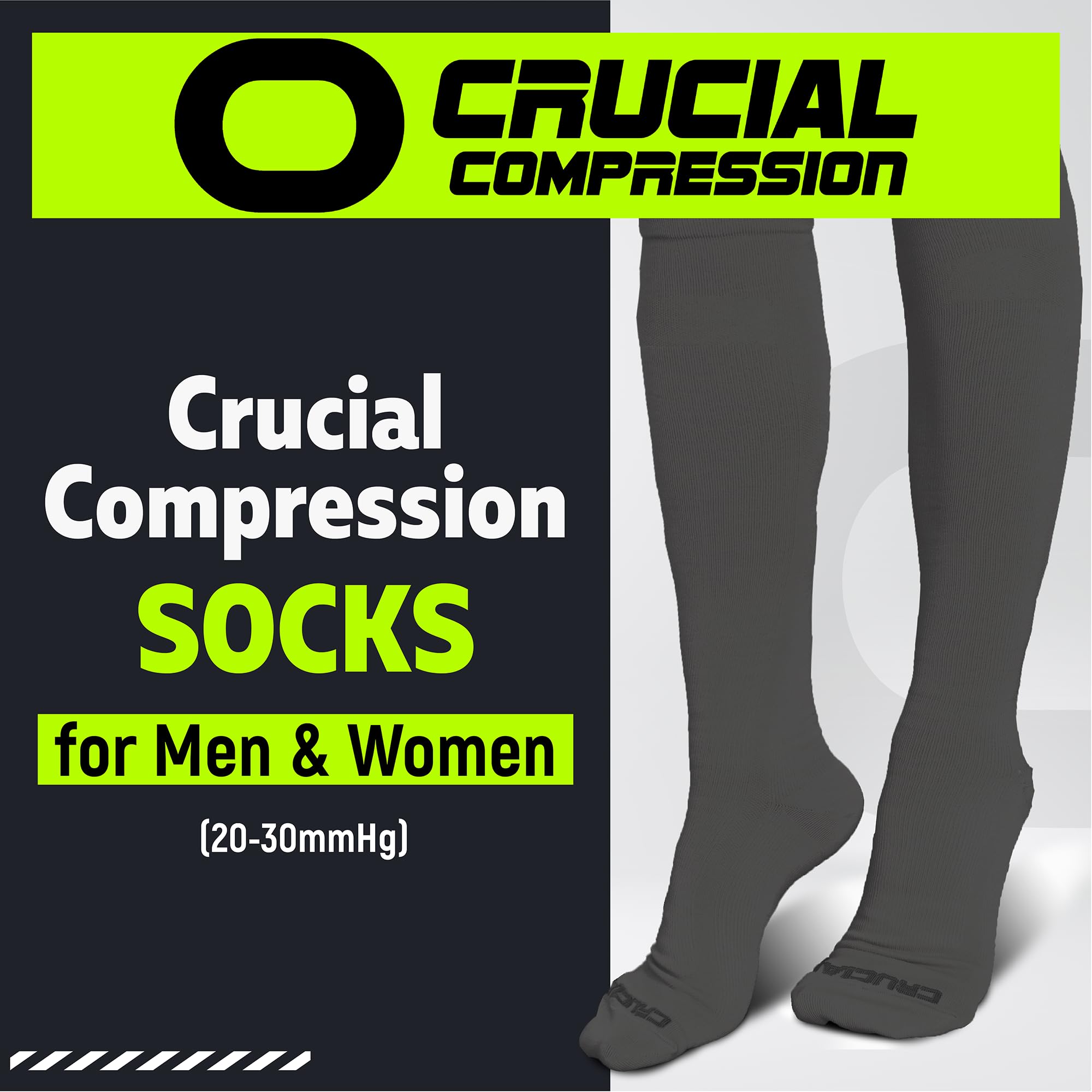 Crucial Compression Socks for Men & Women (20-30mmHg) - Best Graduated Stockings for Running, Athletic, Travel, Pregnancy, Maternity, Nurses, Medical, Shin Splints, Support, Circulation & Recovery