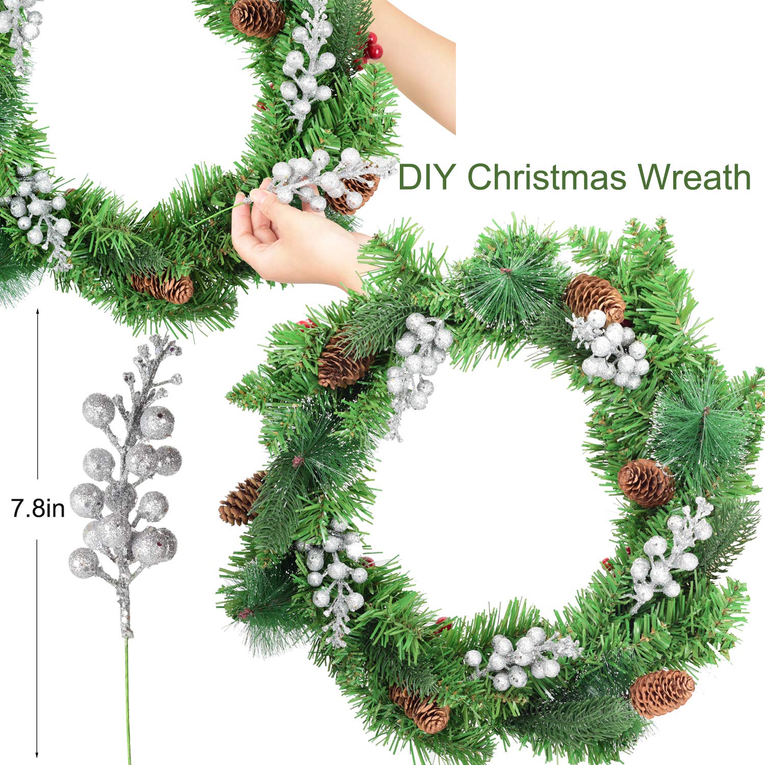 Artiflr 14 Pack Christmas Glitter Berries Stems Clearance, 7.8 Inch Artificial Christmas Picks for Christmas Tree Ornaments, DIY Xmas Wreath, Crafts, Holiday and Home Decor, Silver