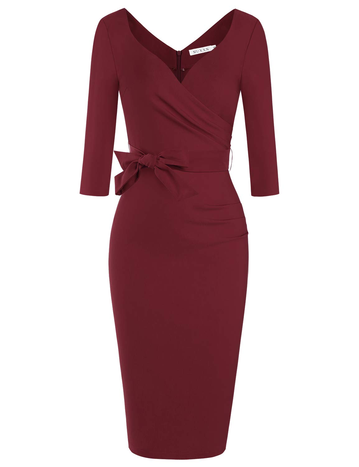 MUXXN Ladies Solid Color Sweetheart Neckline High Stretch Casual Pencil Dress (Merlot XL)