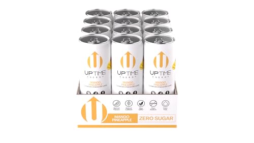 UPTIME Energy Drink, Mango Pineapple, 12 Pack, Vitamin C, L Theanine, Calcium, Sugar Free Energy Drinks for Focus Support, 142mg of Natural Caffeine, 5 Calories, Clean, Natural, Non GMO, 12 fl oz Cans