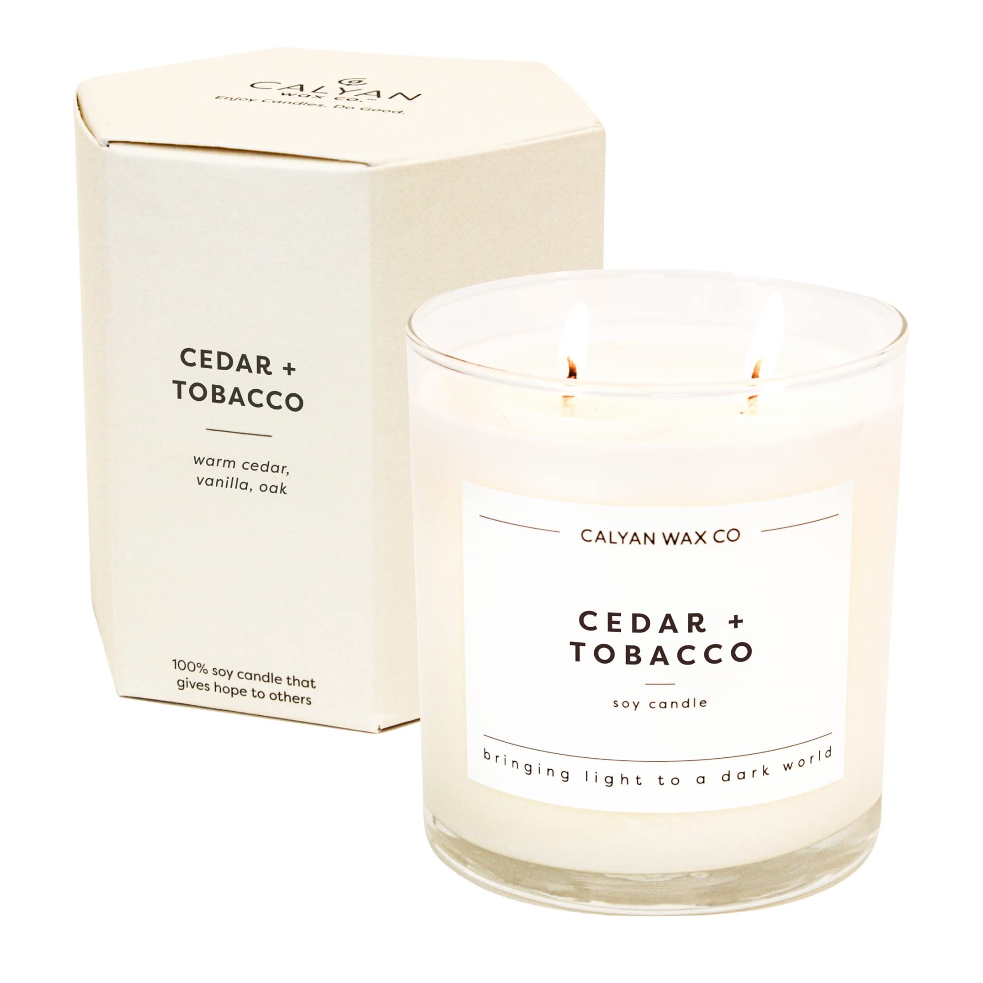 Calyan Wax Co. 2 Wick Candle, Cedar + Tobacco Scented Candle, 37 Hour Burn Time, Aromatherapy Soy Candles, Non Toxic & Vegan Soy Wax, Glass Tumbler Scented Candles, 12.5oz