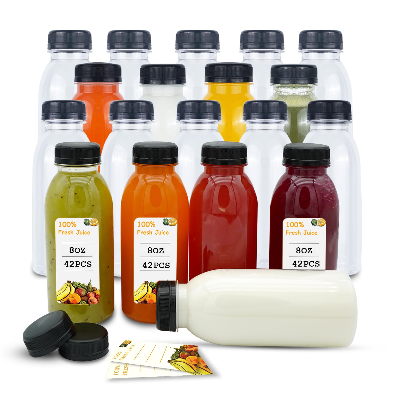 Holotap 42 Pcs 8 OZ Plastic Juice Bottles with Caps, Empty Clear Disposable Bulk Plastic Bottles with White Tamper Evident Caps Lids
