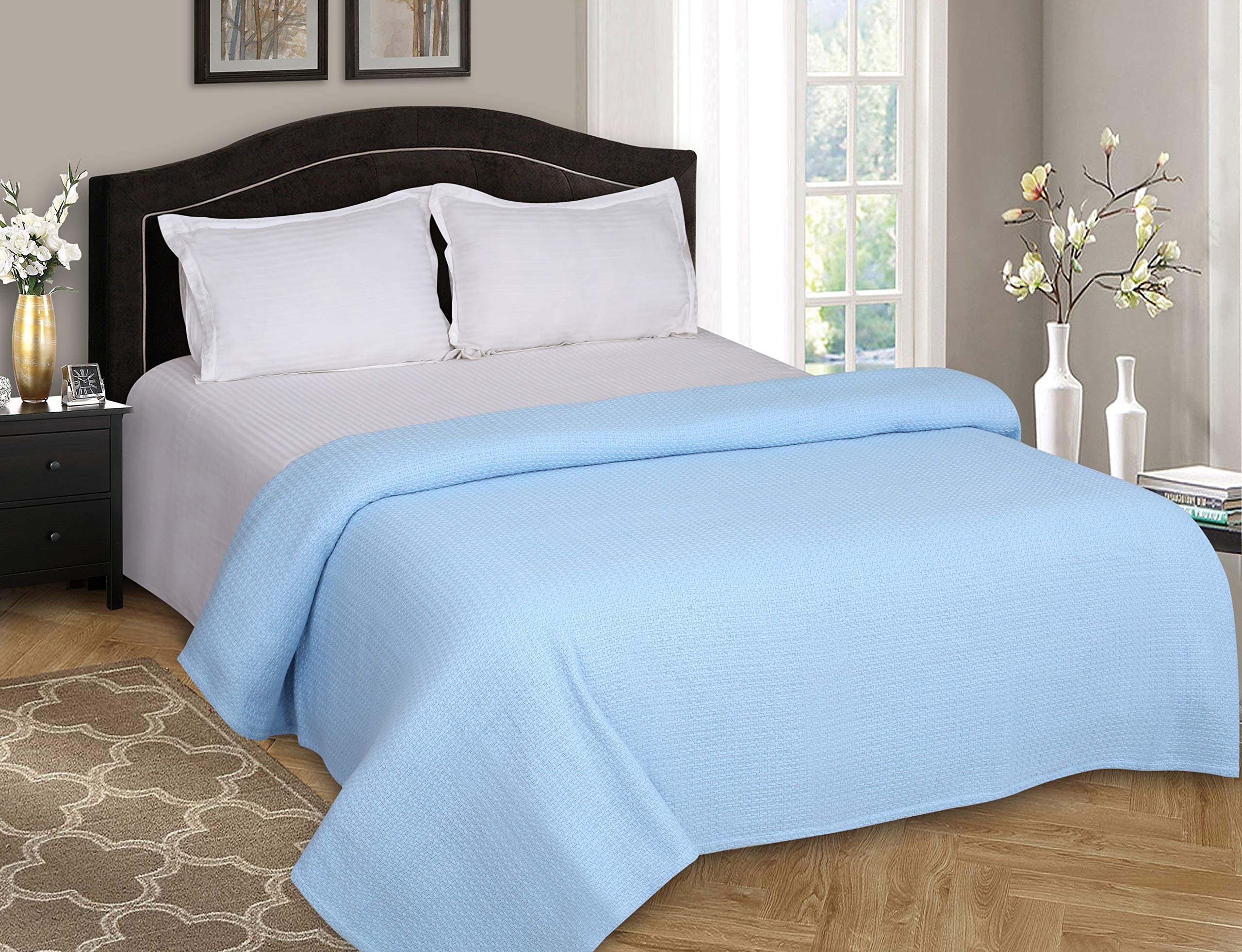 Elvana Home 100% Cotton Bed Blanket, Breathable Bed Blanket Twin Size, Cotton Thermal Blankets Twin, Perfect for Layering Any Bed for All Season, Light Blue