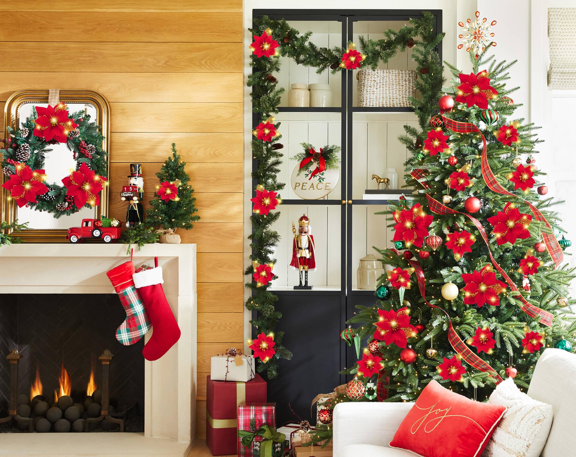 Geefuun 28PCS Christmas Tree Decorations: Poinsettias Artificial Flowers Ornaments Xmas Red Glitter Flower with Clips,3 Sizes(Not Included Stems)