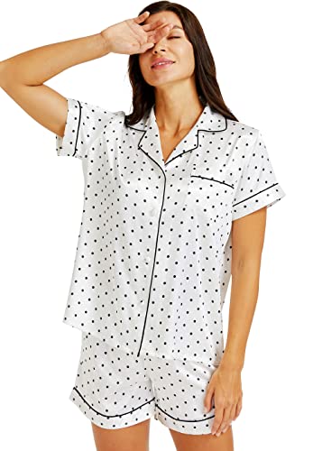 Lonxu Womens Satin Pajamas Set White Polka Dot L
