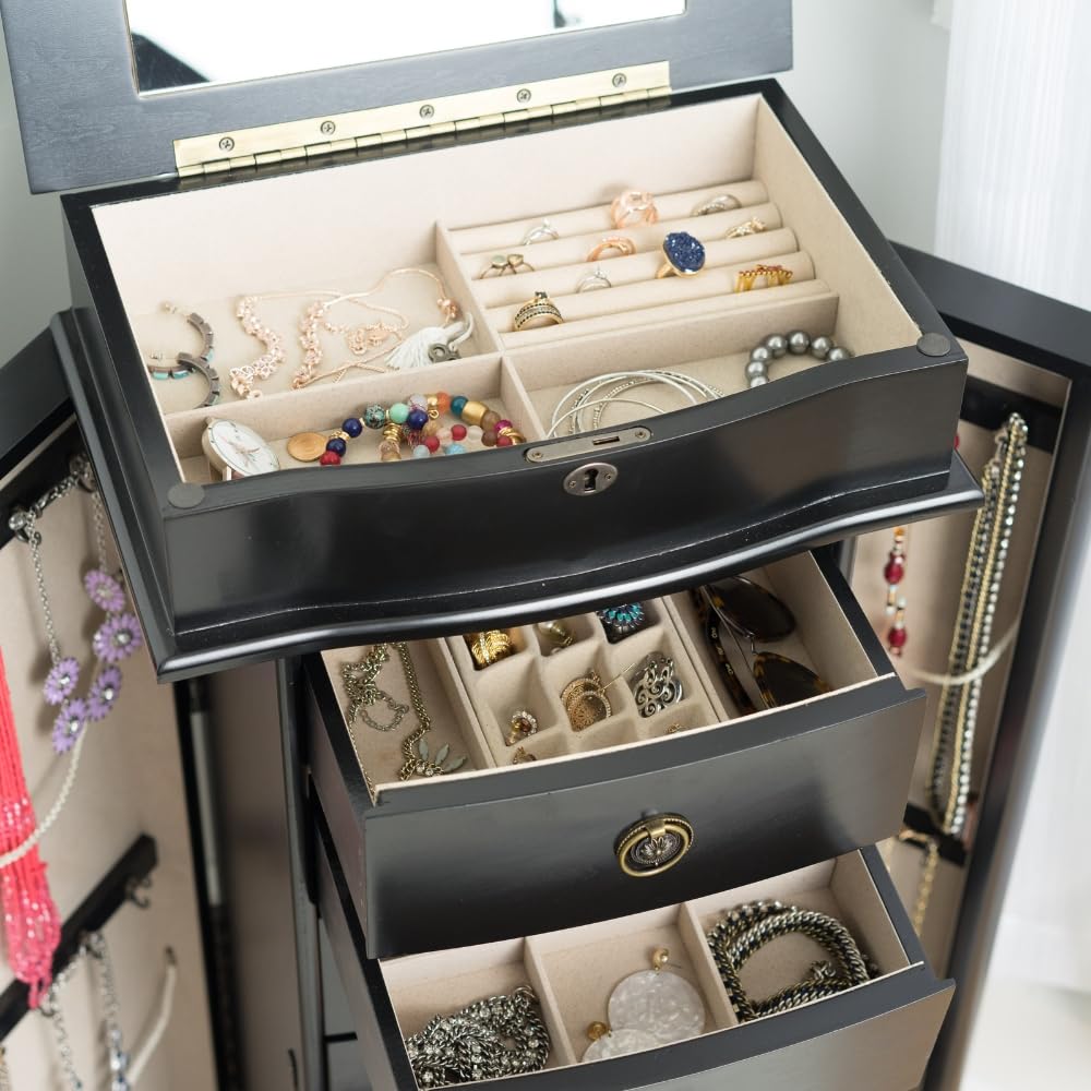 Alveare Home North Locking 7-Drawer Jewelry Armoire β Spacious Organizer with Mirror, Necklace Hooks & Anti-Tarnish Lining, Black