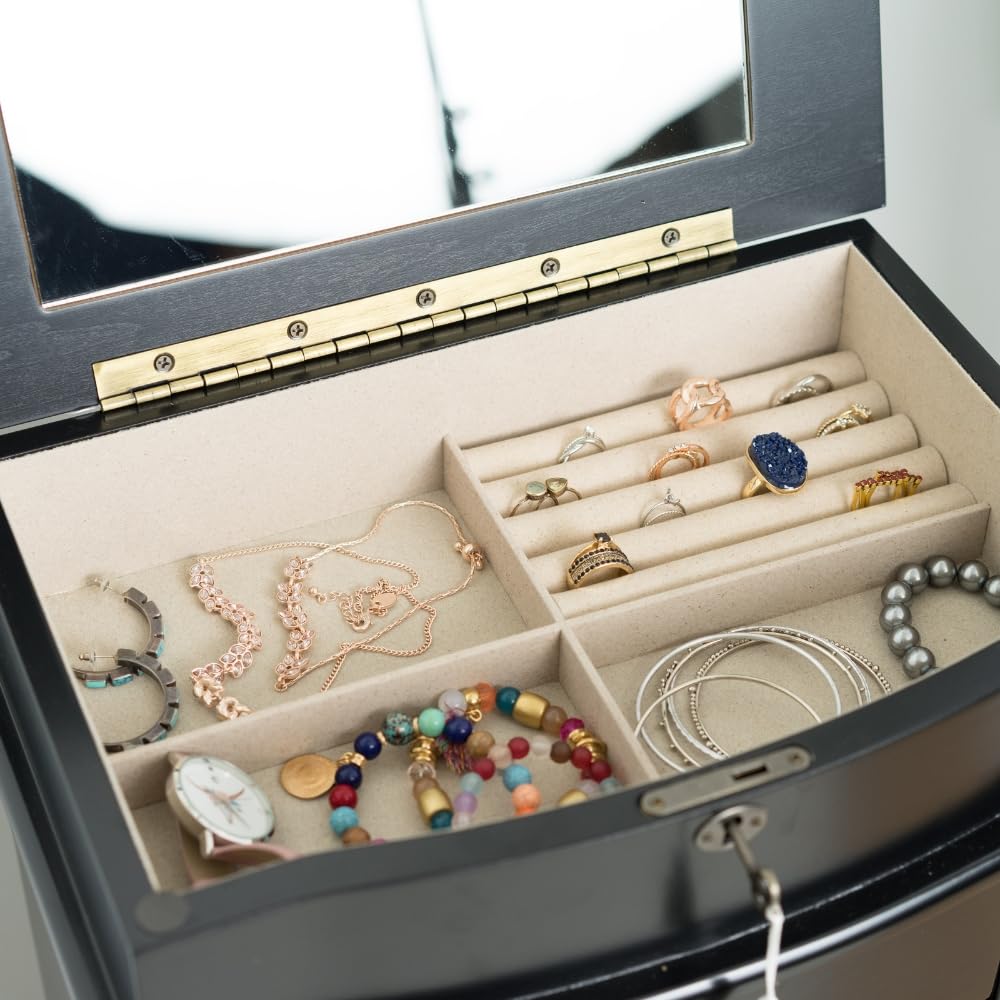 Alveare Home North Locking 7-Drawer Jewelry Armoire β Spacious Organizer with Mirror, Necklace Hooks & Anti-Tarnish Lining, Black
