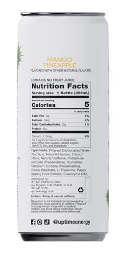 UPTIME Energy Drink, Mango Pineapple, 12 Pack, Vitamin C, L Theanine, Calcium, Sugar Free Energy Drinks for Focus Support, 142mg of Natural Caffeine, 5 Calories, Clean, Natural, Non GMO, 12 fl oz Cans
