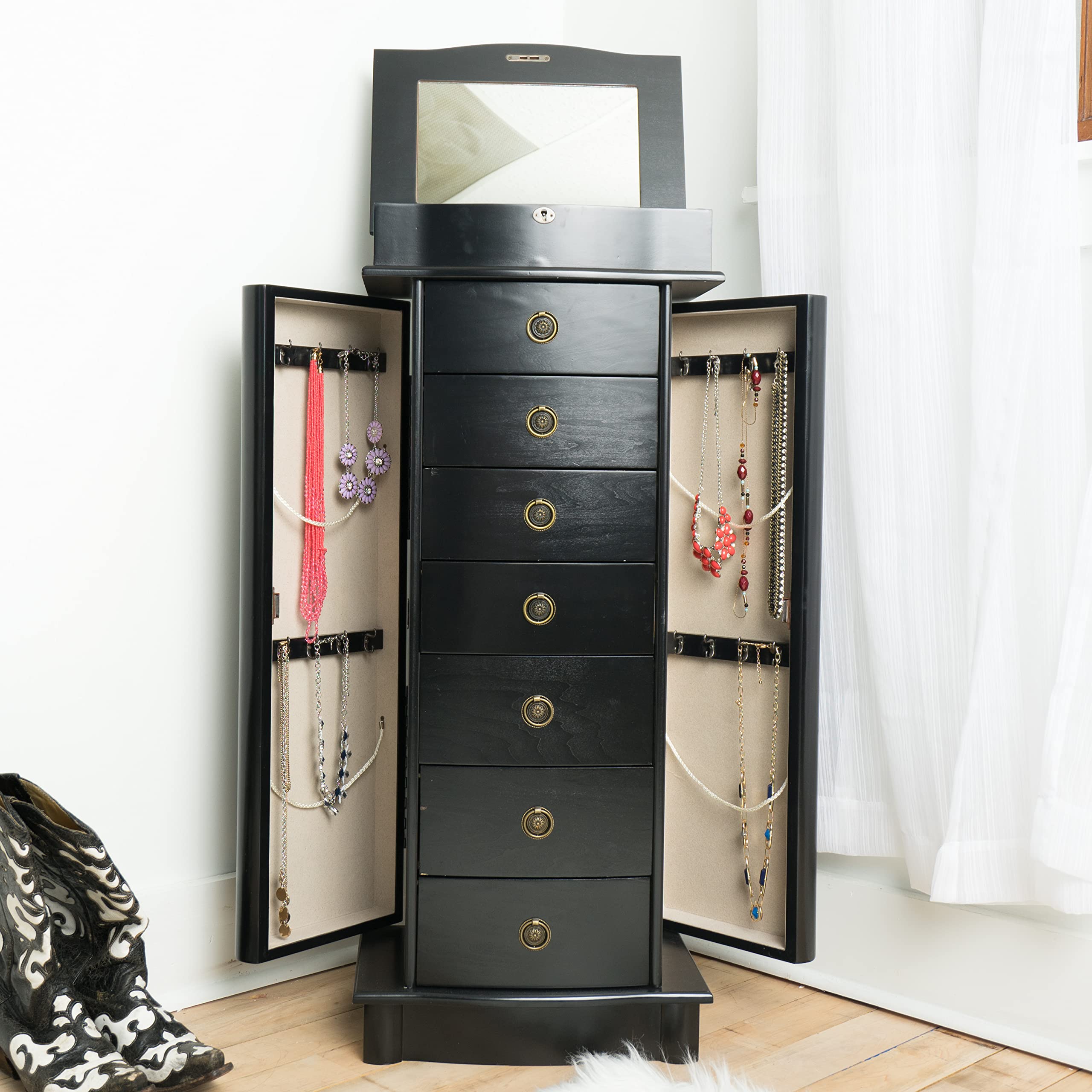 Alveare Home North Locking 7-Drawer Jewelry Armoire β Spacious Organizer with Mirror, Necklace Hooks & Anti-Tarnish Lining, Black
