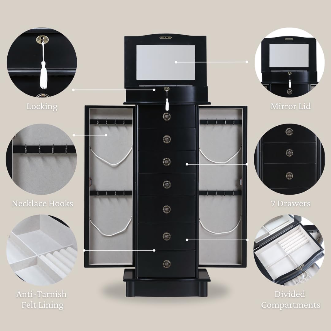 Alveare Home North Locking 7-Drawer Jewelry Armoire β Spacious Organizer with Mirror, Necklace Hooks & Anti-Tarnish Lining, Black