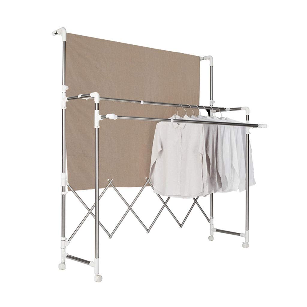 Jixi Drying Rack Clothes Airer Stainless Steel Drying Rack Double Pole Folding Adjustable Clothes Hanger with Universal Wheel Indoor Outdoor Laundry Rack (Color : Stainless Steel)