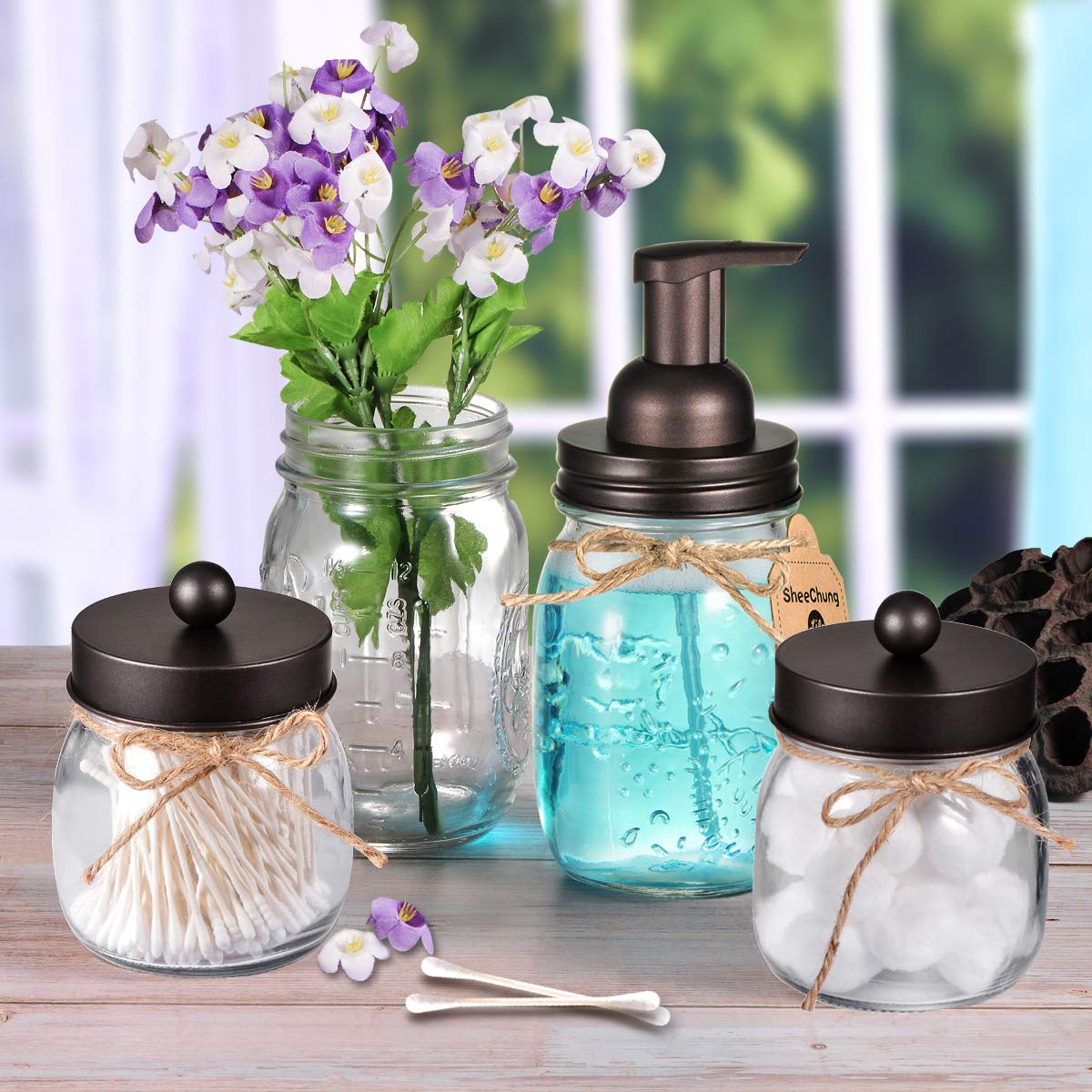 SheeChung 2 Pack Mason Jar Foaming Soap Dispenser Lids for Standard Mouth, Foaming Soap Dispenser Pump Replacement for Hand Sanitizer, Bath Liquid, Facial Cleansing Foam, Makeup Remover Water - Bronze