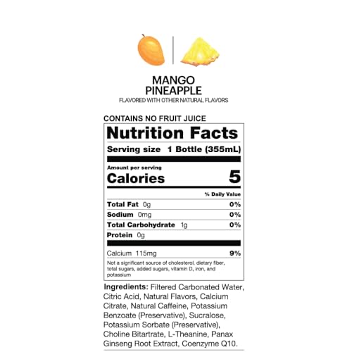 UPTIME Energy Drink, Mango Pineapple, 12 Pack, Vitamin C, L Theanine, Calcium, Sugar Free Energy Drinks for Focus Support, 142mg of Natural Caffeine, 5 Calories, Clean, Natural, Non GMO, 12 fl oz Cans