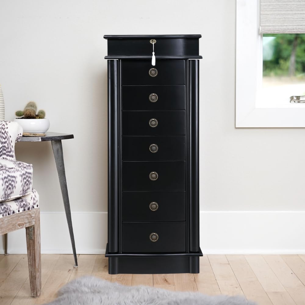 Alveare Home North Locking 7-Drawer Jewelry Armoire – Spacious Organizer with Mirror, Necklace Hooks & Anti-Tarnish Lining, Black