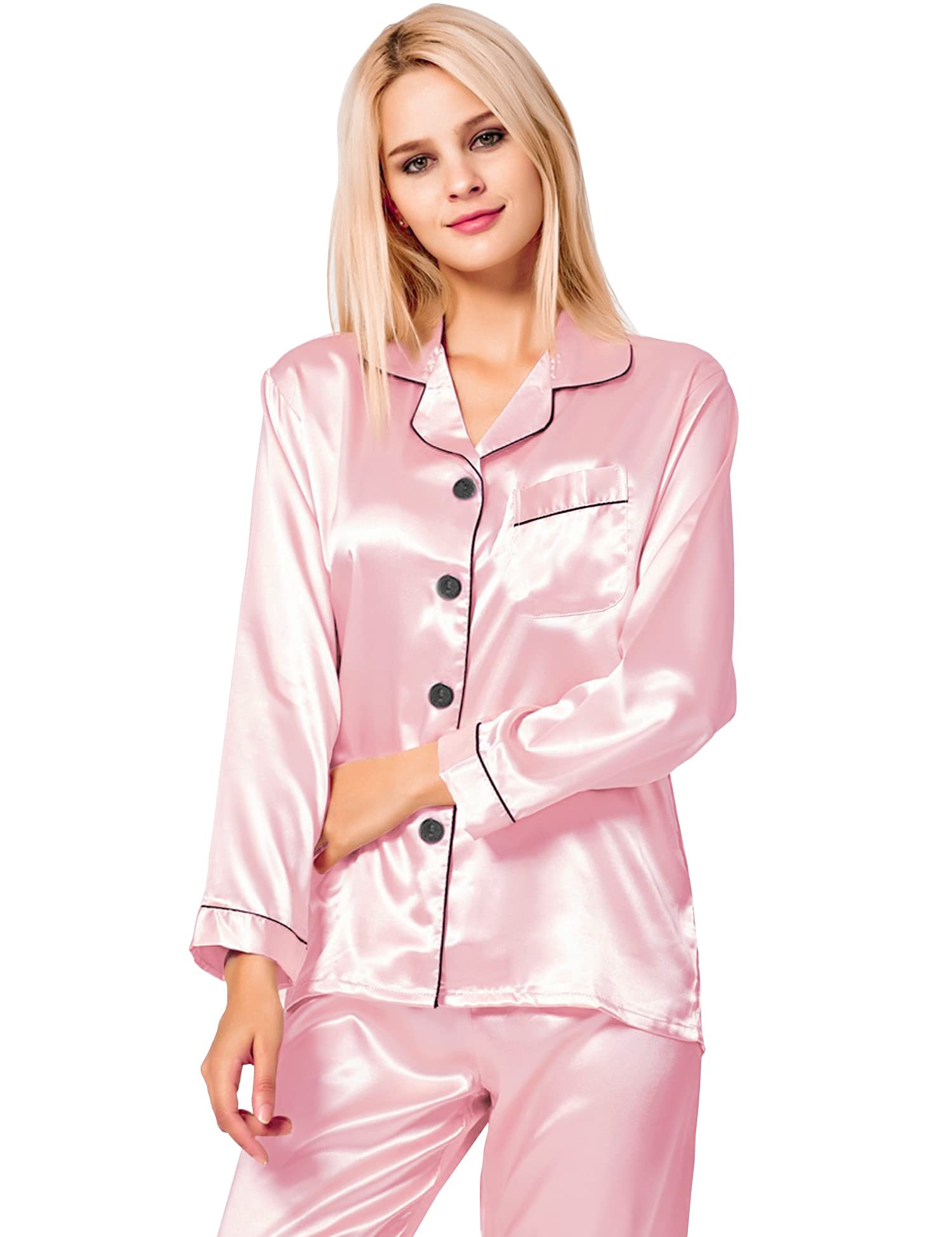 SWOMOG Womens Silk Satin Pajamas Long Sleeve Loungewear Two-piece Sleepwear Button-Down Pj Set Pink