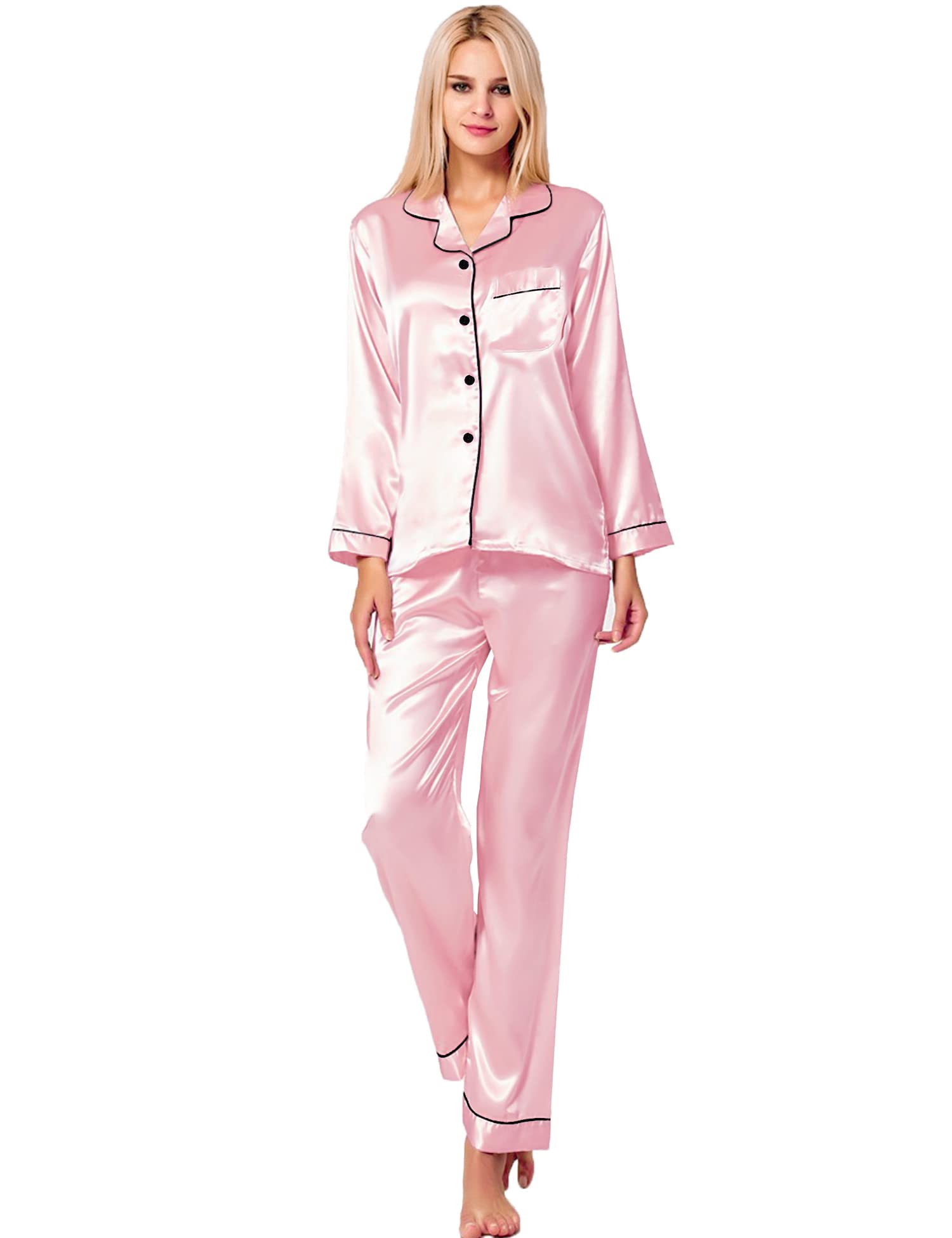SWOMOG Womens Silk Satin Pajamas Long Sleeve Loungewear Two-piece Sleepwear Button-Down Pj Set Pink
