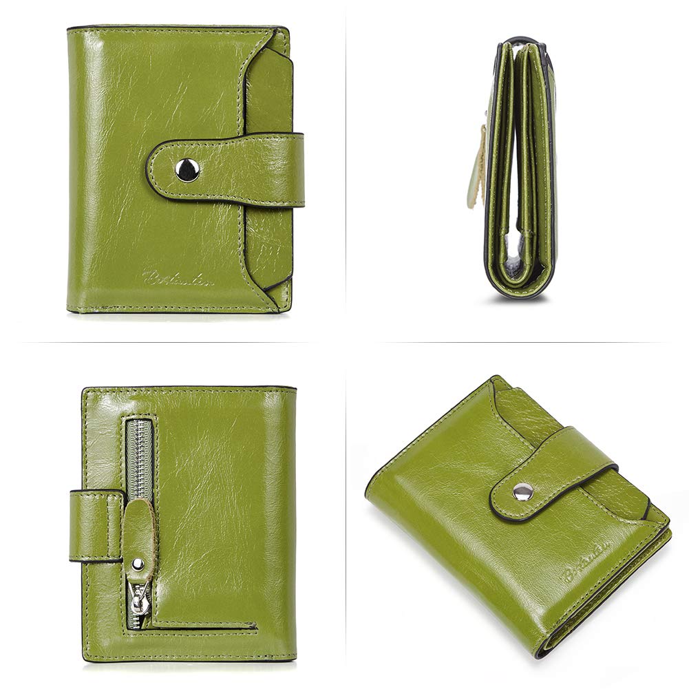 BOSTANTEN Women Leather Wallet RFID Blocking Small Bifold Zipper Pocket Wallets Card Case Purses with ID Window Green