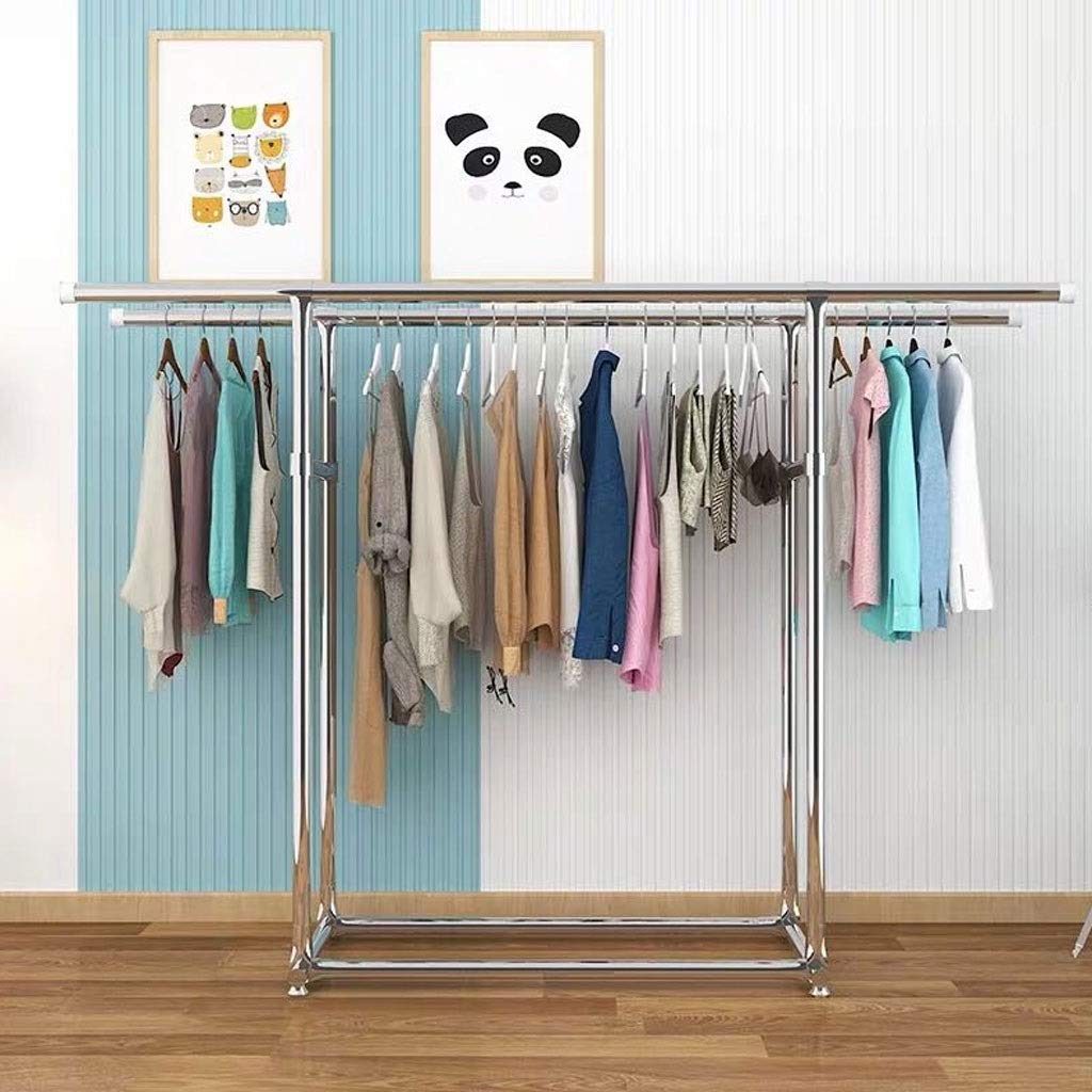 Jixi Drying Rack Clothes Airer Stainless Steel Drying Rack Floor Telescopic Indoor and Outdoor Home Balcony Double Pole Clothes Hanger Laundry Rack (Color : Stainless Steel)