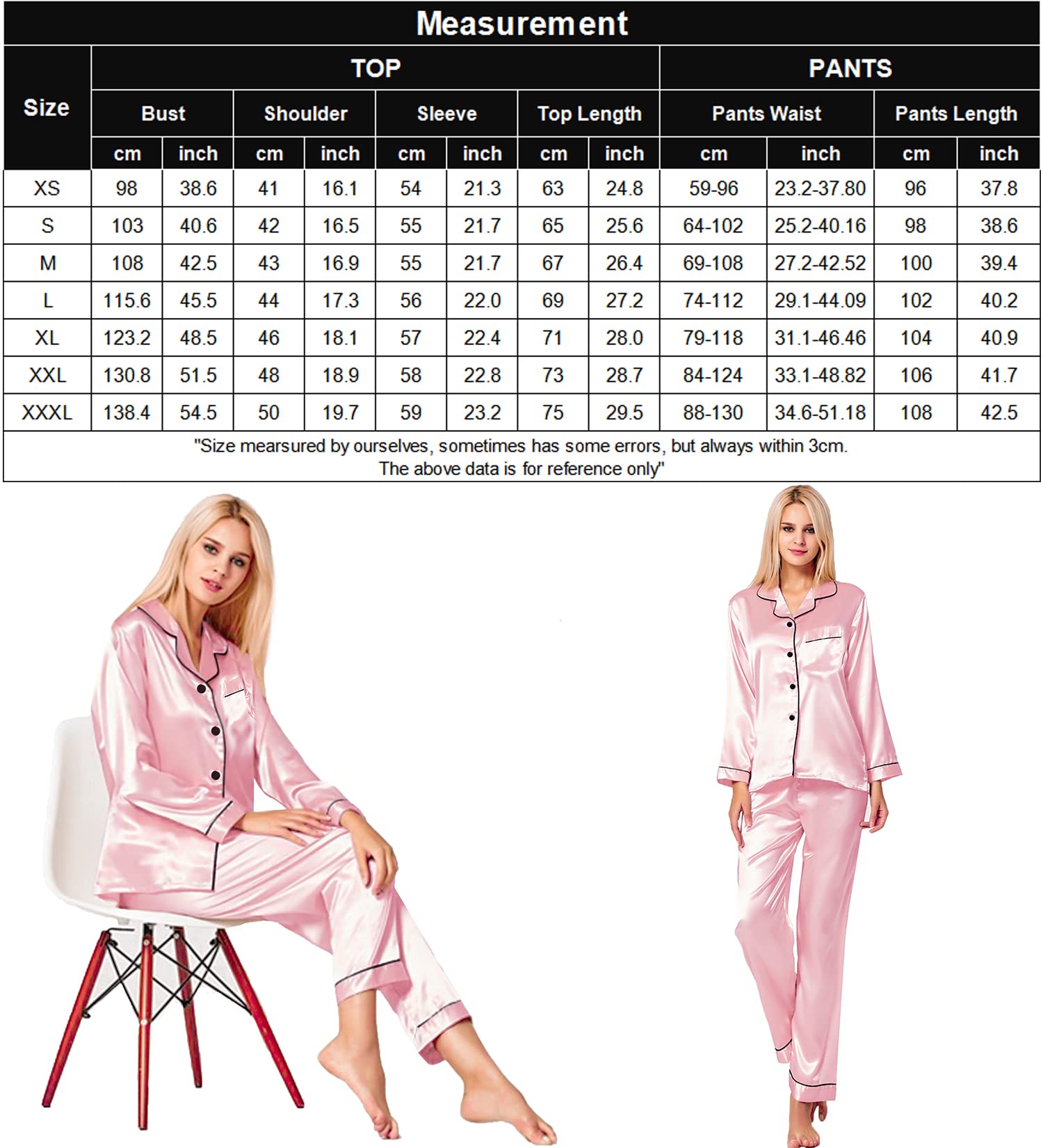 SWOMOG Womens Silk Satin Pajamas Long Sleeve Loungewear Two-piece Sleepwear Button-Down Pj Set Pink