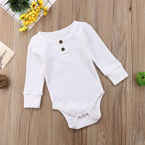 Seyurigaoka Newborn Unisex Baby Solid Bodysuit Basic Plain Rib Stitch Long Sleeve Romper Clothes for Infant Boy Girl White
