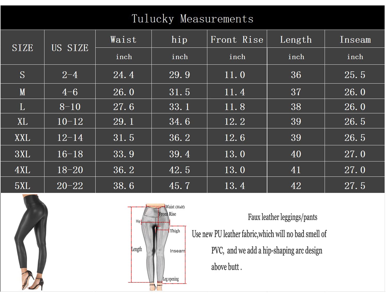 Tulucky Stretchy High Waisted Tights Faux Leather Leggings Pants for Women Regular - Plus Size(Black,S)
