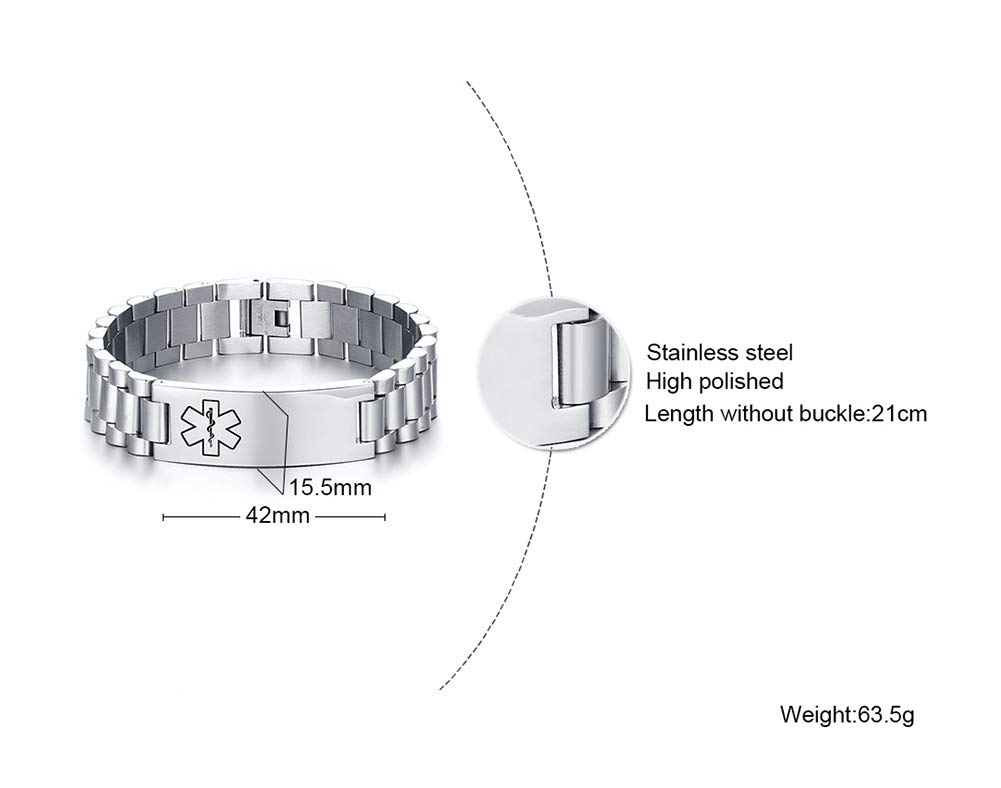 VNOX Customize Medical Emergency Jewelry 15.5MM Wide Metal Stainless Steel Watchband Link Bracelet,8.5" (Silver, *Custom Engraving)