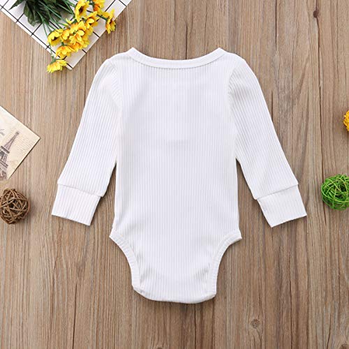 Seyurigaoka Newborn Unisex Baby Solid Bodysuit Basic Plain Rib Stitch Long Sleeve Romper Clothes for Infant Boy Girl White