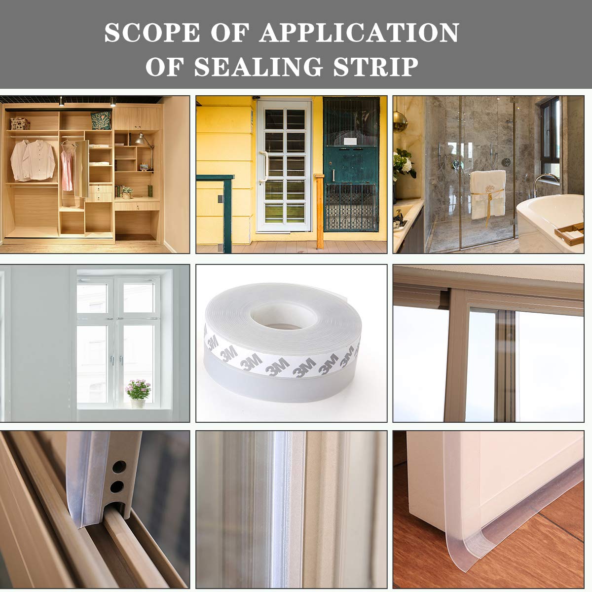 Silicone Seal Strip,Weather Stripping for Door or Window,Weatherproof Soundproof Self Adhesive Door Strip Bottom, Door Draft Stopper Silicone Strip Tape for Doors Windows and Shower Glass Gaps