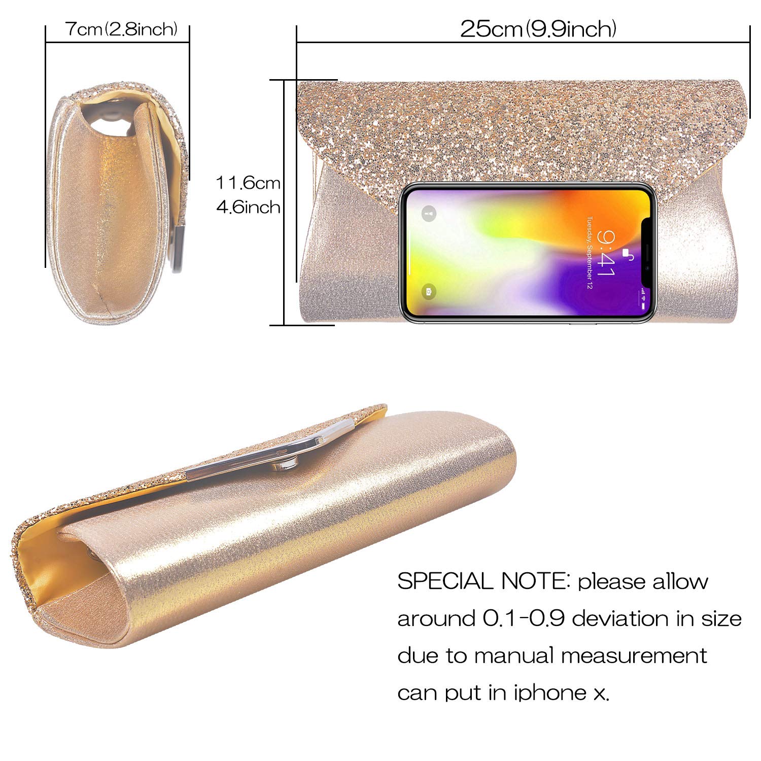 Women Evening Envelope Handbag Prom Sequin Clutch Purse Shoulder Cross Body Bag (Gold)
