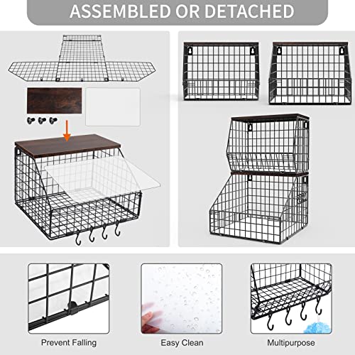 Mefirt Fruit Basket, Enlarged 2-Tier Kitchen Organization Wire Basket with Wood Lid, Stackable Wall-mounted & Countertop Tiered Storage Baskets for Potato Storage, Onion Storage, Snack Onganizer etc