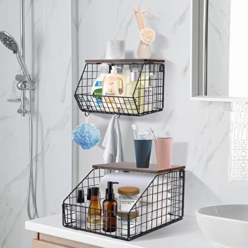 Mefirt Fruit Basket, Enlarged 2-Tier Kitchen Organization Wire Basket with Wood Lid, Stackable Wall-mounted & Countertop Tiered Storage Baskets for Potato Storage, Onion Storage, Snack Onganizer etc
