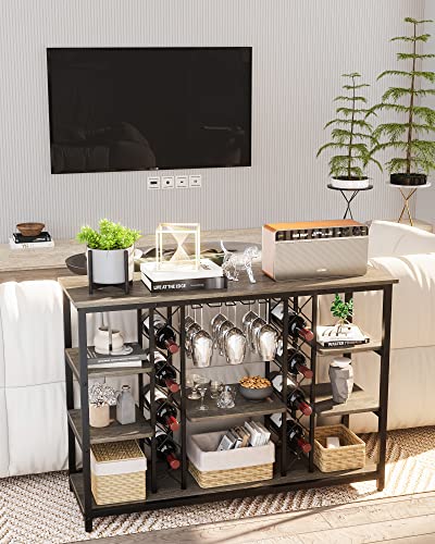 Teraves Modern Wine Rack Table, 47 Inch Wine Baker's Rack with Storage Shelves, 4 Tier Freestanding Wine Rack for Bar, Buffet, Home Kitchen Dining Room Living Room (Black Oak+Black Frame)