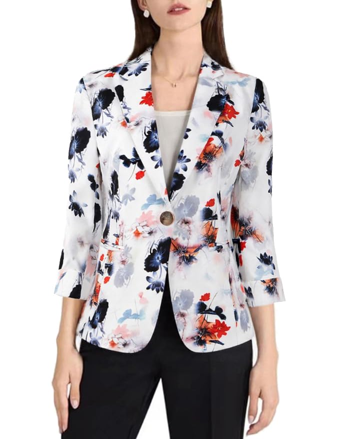 Womens 3/4 Sleeve Lightweight Office Work Suit Jacket Boyfriend Blazer (1905 White, L)