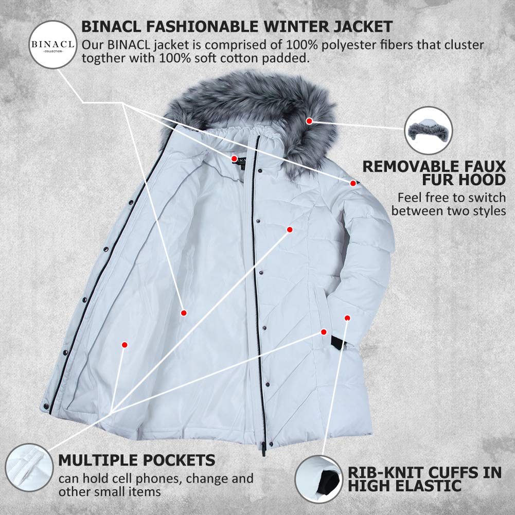BINACL Long Hooded Down Alternative Overcoat, Sports Thermal Zip Up Thickened Jacket with Fur Trim Puffer 100% Polyester Weathered Motorcycle Softshell Cotton Padding Jacket for Girlfriend(White,M)