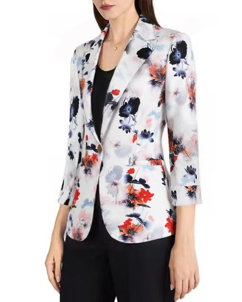 Womens 3/4 Sleeve Lightweight Office Work Suit Jacket Boyfriend Blazer (1905 White, L)
