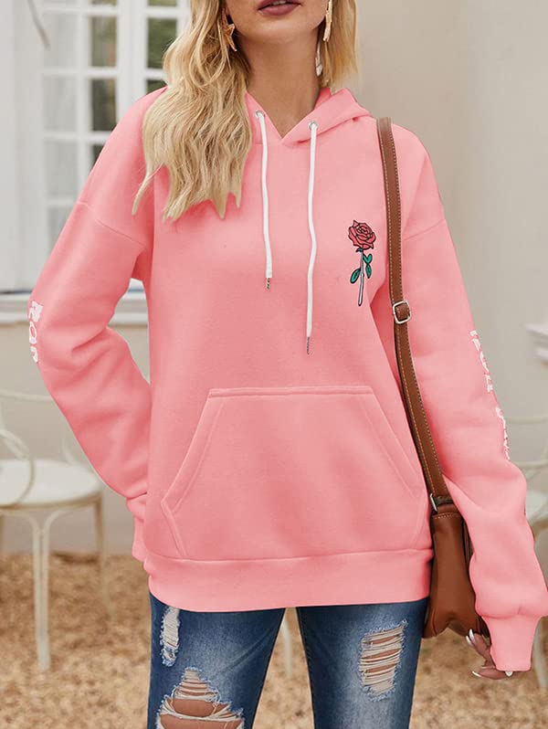 ZAFUL Men's Fleece Hoodie Unisex Rose Letter Print Hooded Pullover Kangaroo Pocket Sweatshirt Pink L