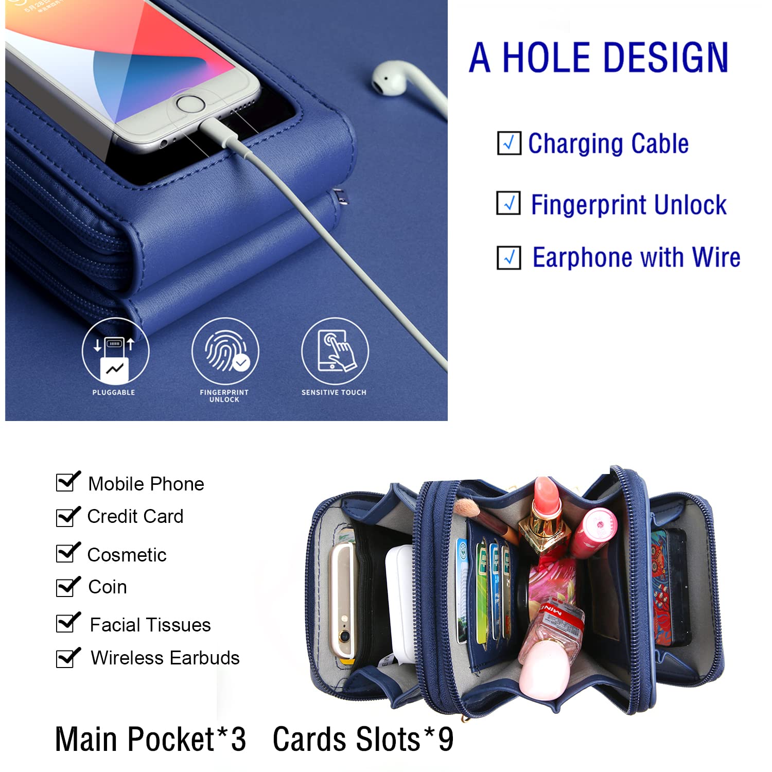 Small Crossbody Phone Bag for Women, RFID Blocking Touch Screen Cell phone Wallet Crossbody Purse Shoulder Strap Credit Card Holder Navy Blue