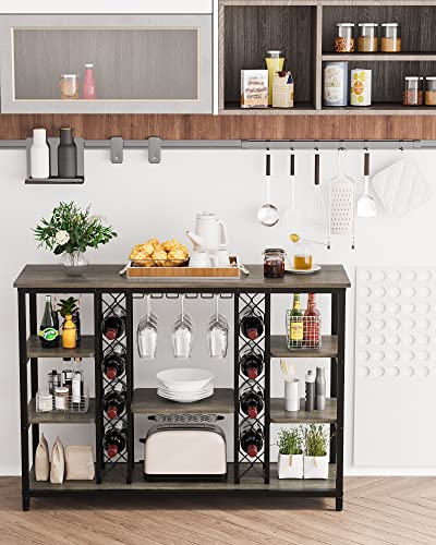 Teraves Modern Wine Rack Table, 47 Inch Wine Baker's Rack with Storage Shelves, 4 Tier Freestanding Wine Rack for Bar, Buffet, Home Kitchen Dining Room Living Room (Black Oak+Black Frame)