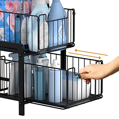 2 Tier Under Sink Organzier, NPPLUS Iron Under Sink Cabinet Organizers With Sliding Drawer, Pull-Out Home Organizer For Bathroom, Kitchen - Black