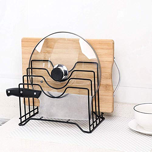 Stainless Iron Cutting Board Holder, Cutting Board Storage Organizer , Pot Lid Rack Organizer Kitchen Cabinet Rack Storage with 4 Sectional (Black)