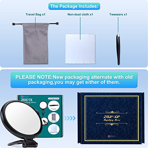 5Inch,20X Magnifying Mirror, Two Sided Mirror, 20X/1X Magnification, Folding Makeup Mirror with Handheld/Stand,Use for Makeup Application, Tweezing, and Blackhead/Blemish Removal. (Black)